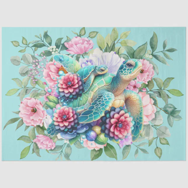 Beautiful Sea Turtles & Blue Peonies Decoupage Tissue Paper | Zazzle