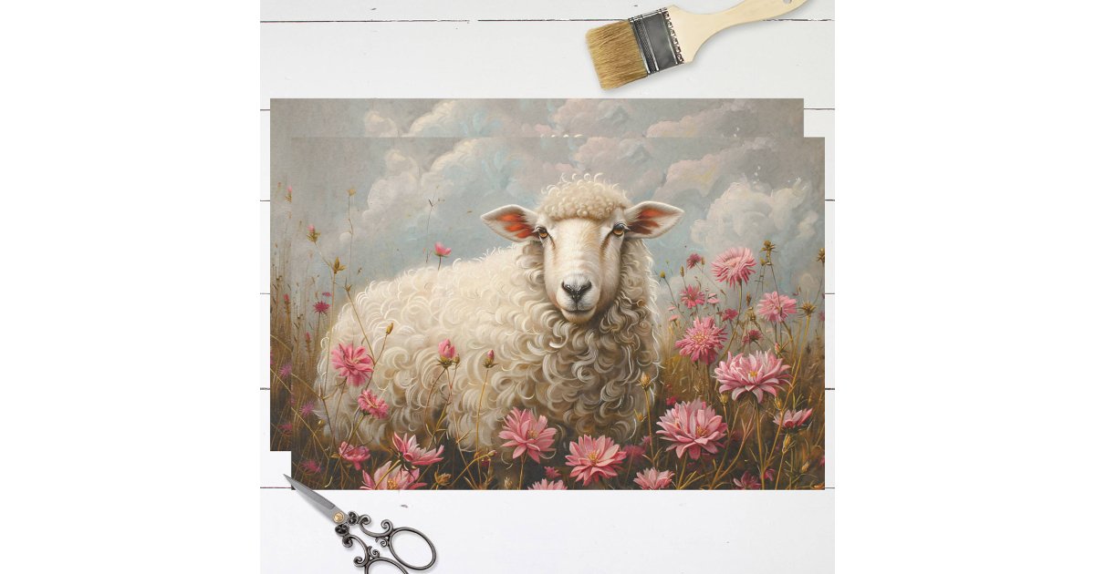 Beautiful Sheep Pink Wildflower Field Decoupage Tissue Paper | Zazzle