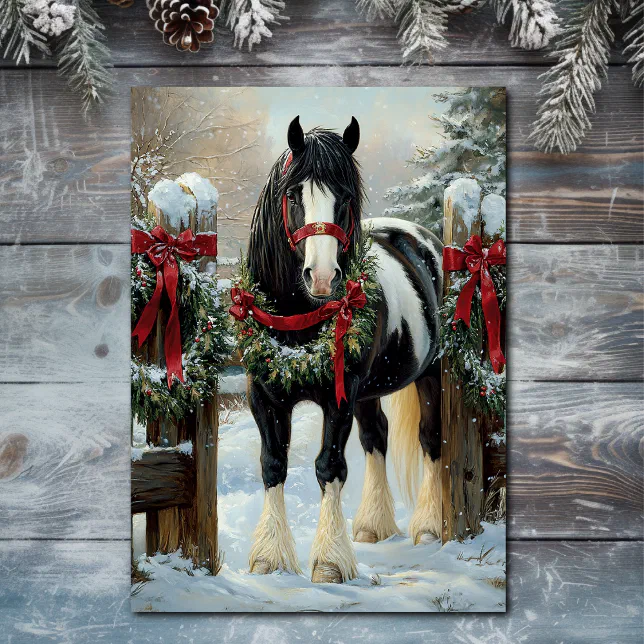 Beautiful Shire Draught Horse and Wreath Christmas Holiday Card | Zazzle