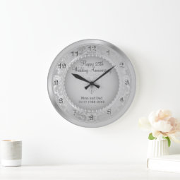 Beautiful Silver 25th Wedding Anniversary Large Clock | Zazzle
