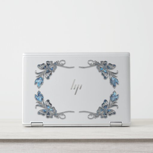 Beautiful silver blue butterfly frame HP laptop skin | Zazzle