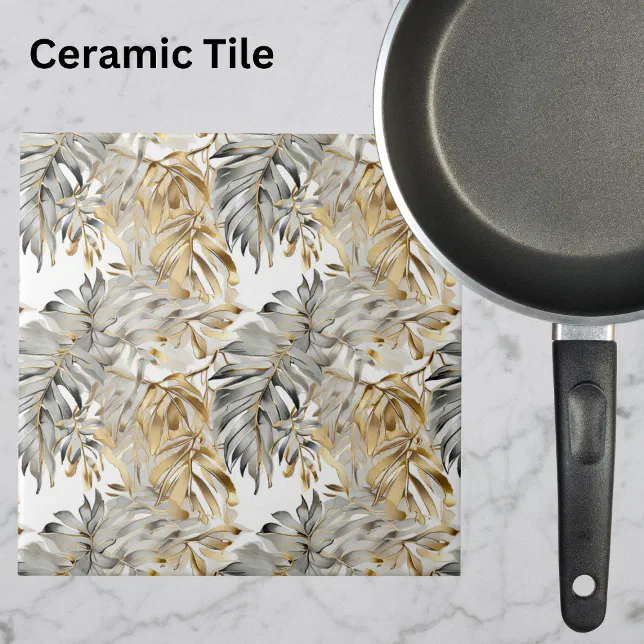 Beautiful Silver Gold Palm Leaves Ceramic Tile | Zazzle