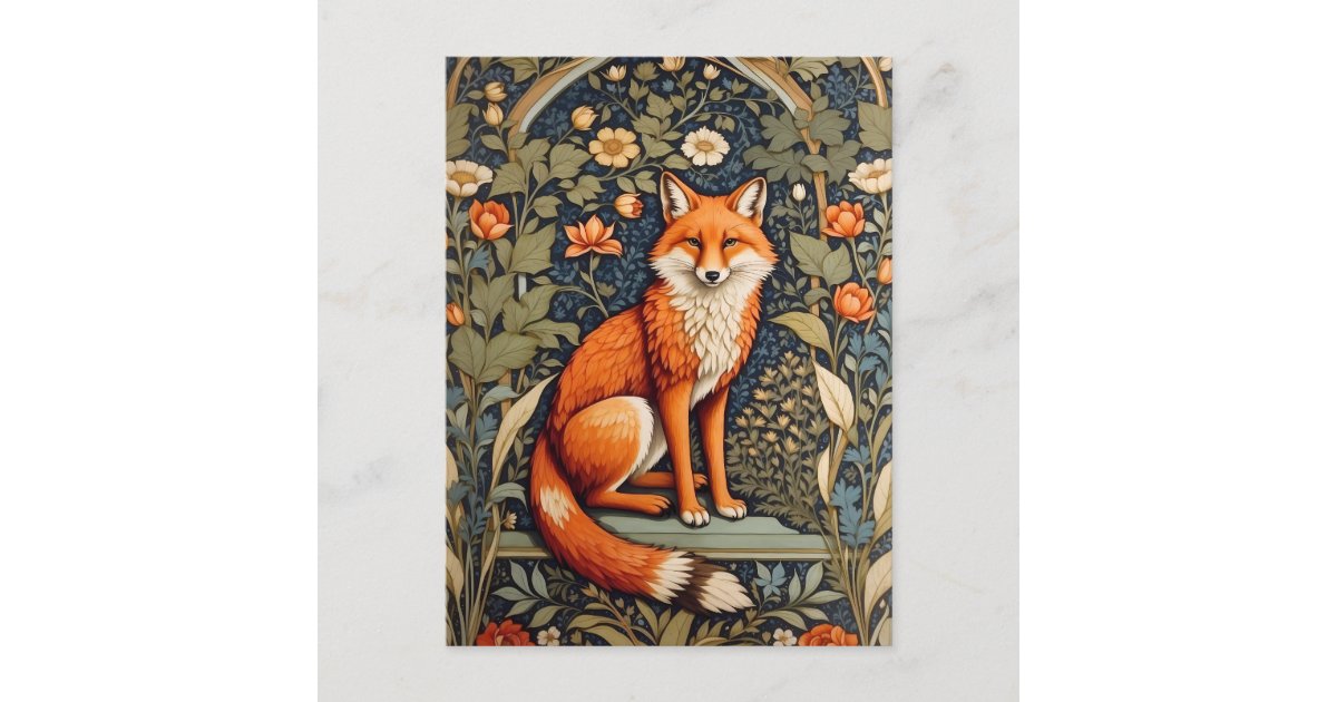 Beautiful Sitting Red Fox William Morris Inspired Postcard | Zazzle