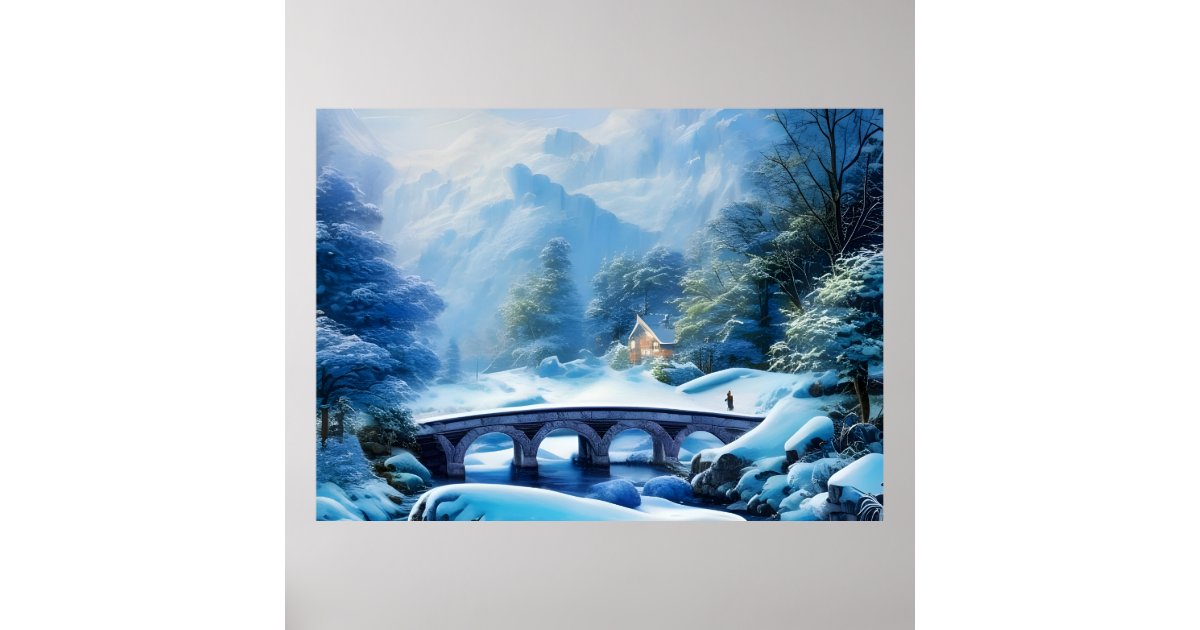 Beautiful snow filled landscape with stone bridge poster | Zazzle