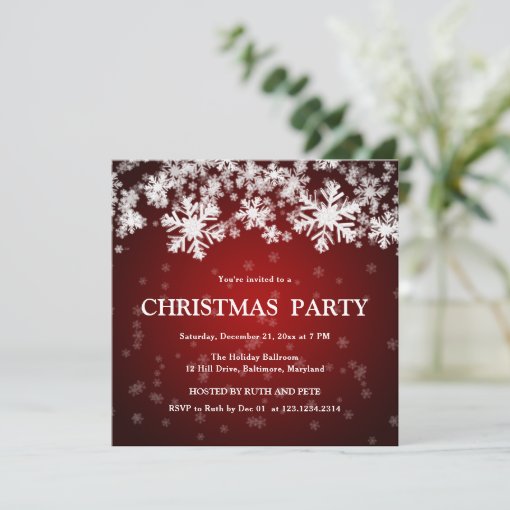 Beautiful Snowflakes Christmas Party Red Invitation | Zazzle
