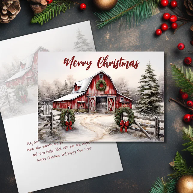 Beautiful Snowy Winter Rustic Red Barn Christmas Holiday Card | Zazzle