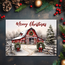 Beautiful Snowy Winter Rustic Red Barn Christmas Holiday Card | Zazzle