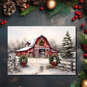 Beautiful Snowy Winter Rustic Red Barn Christmas Holiday Card | Zazzle