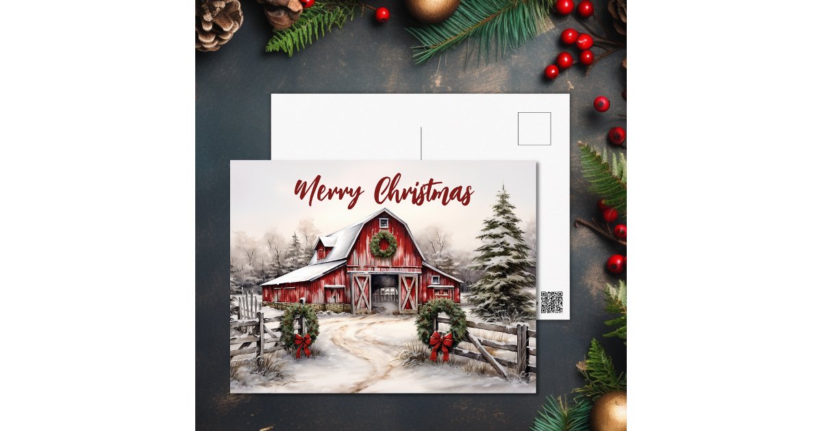 Beautiful Snowy Winter Rustic Red Barn Christmas Holiday Postcard | Zazzle