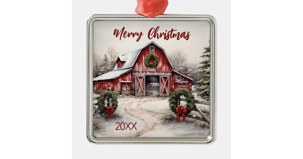 Beautiful Snowy Winter Rustic Red Barn Christmas Metal Ornament | Zazzle