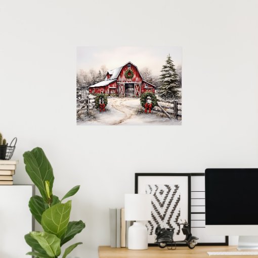 Beautiful Snowy Winter Rustic Red Barn Christmas Poster | Zazzle