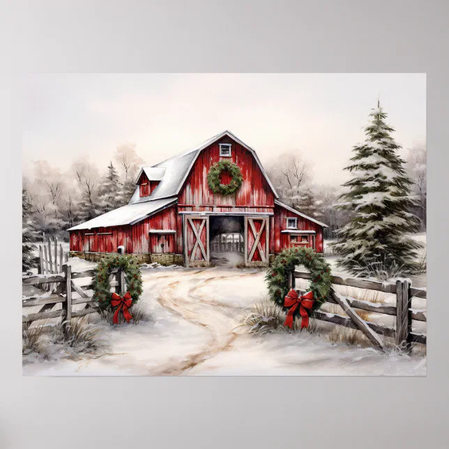 Beautiful Snowy Winter Rustic Red Barn Christmas Poster | Zazzle