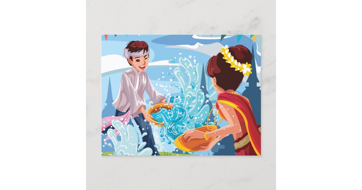 Beautiful Songkran Festival Throwing Water Postcar Postcard | Zazzle