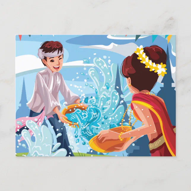 Beautiful Songkran Festival Throwing Water Postcar Postcard | Zazzle