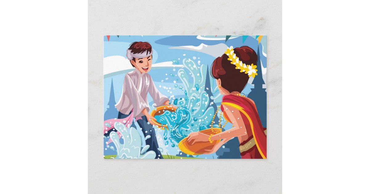 Beautiful Songkran Festival Throwing Water Postcar Postcard | Zazzle