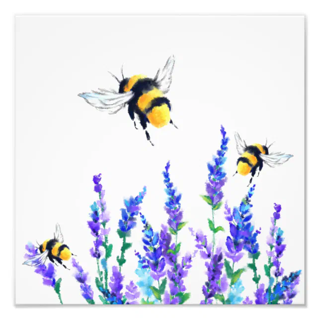 Beautiful Spring Flowers and Bees Flying - Drawing Photo Print | Zazzle