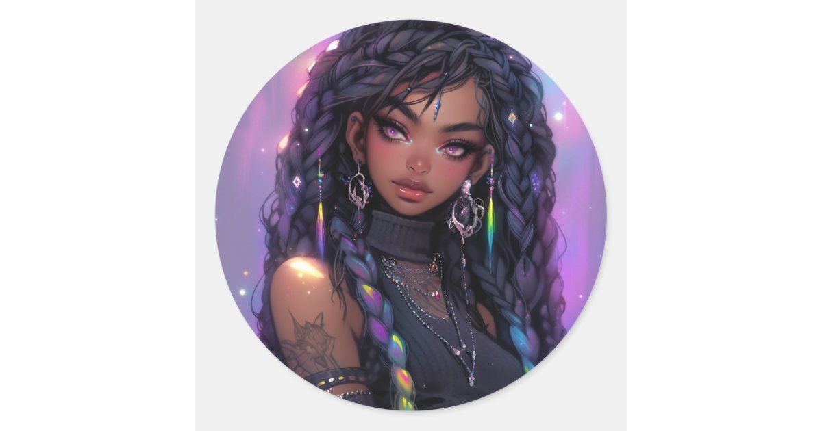 Beautiful Stylish Braided Hair Anime Girl Classic Round Sticker | Zazzle