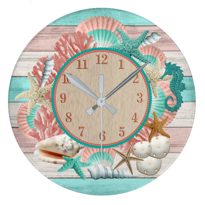 Beautiful Teal and Coral Seashell and Beach Design Large Clock | Zazzle.com