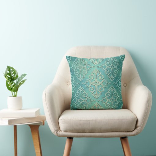 Beautiful Teal Green Distressed Damask Throw Pillow | Zazzle