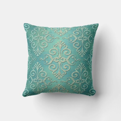 Beautiful Teal Green Distressed Damask Throw Pillow | Zazzle