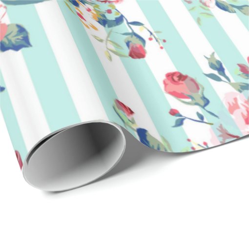 Beautiful trendy girly vintage blue stripes roses wrapping paper | Zazzle