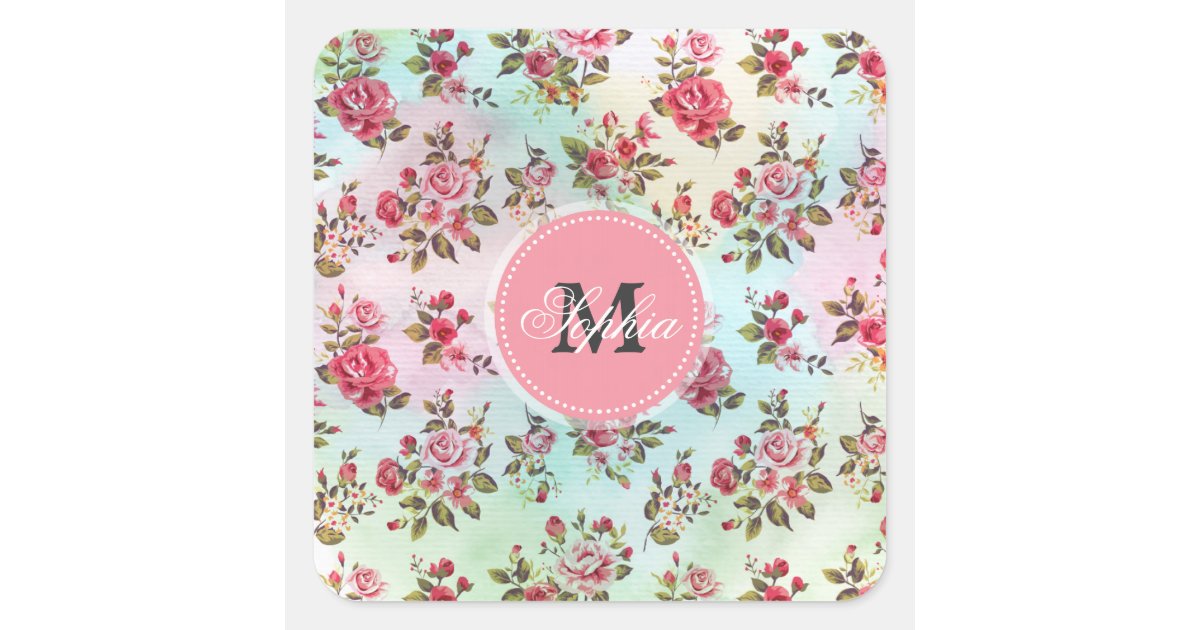 Beautiful trendy girly vintage monogram roses square sticker | Zazzle