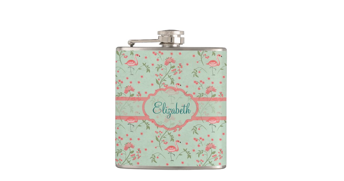 Beautiful trendy vintage floral and flamingo birds flask | Zazzle
