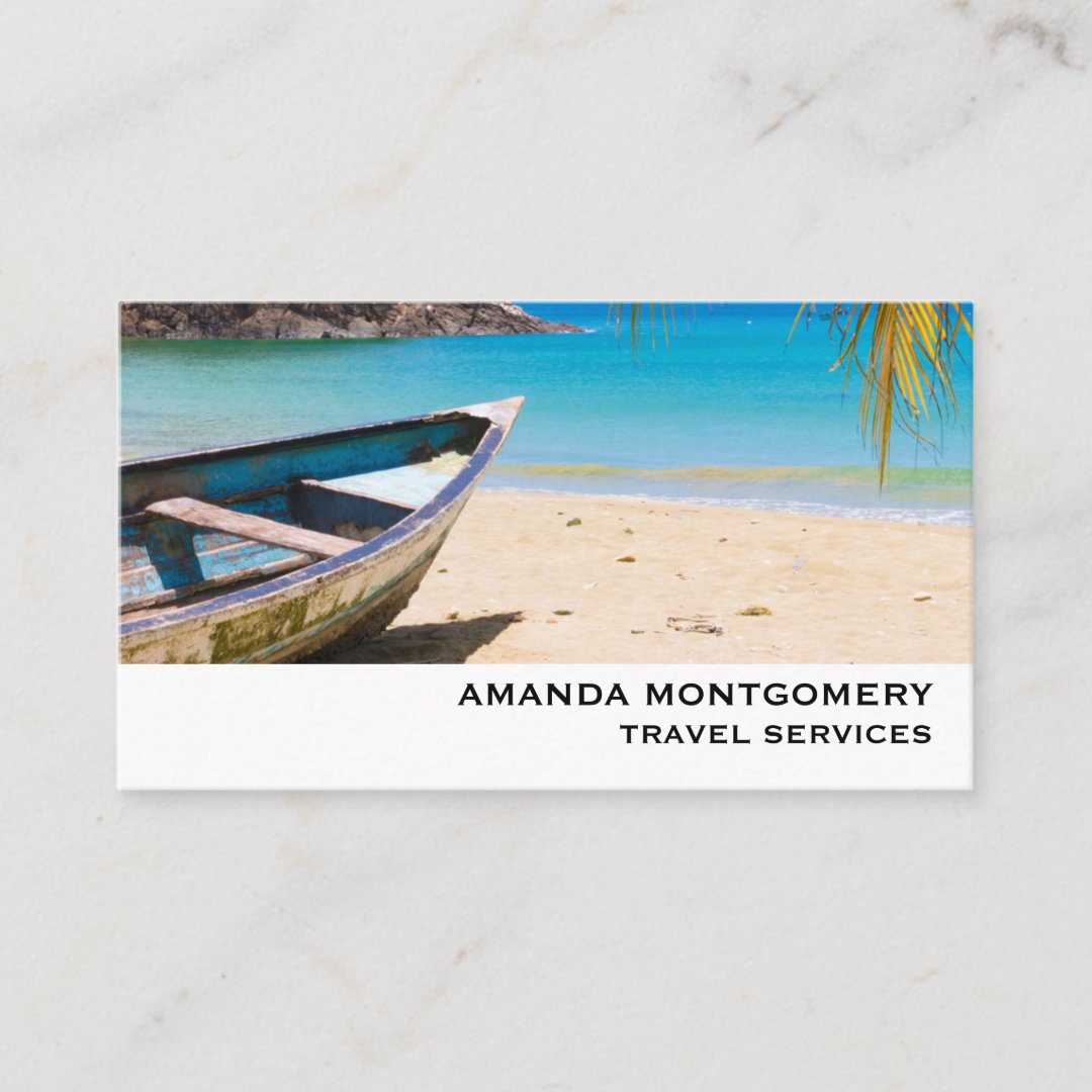 Beautiful Tropical Beach with a Rowboat Business Card | Zazzle