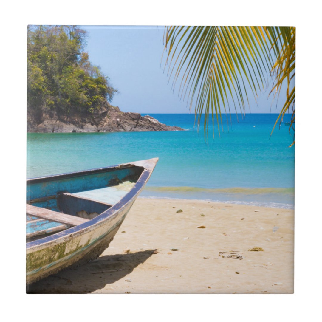 Beautiful Tropical Beach with a Rowboat Ceramic Tile | Zazzle