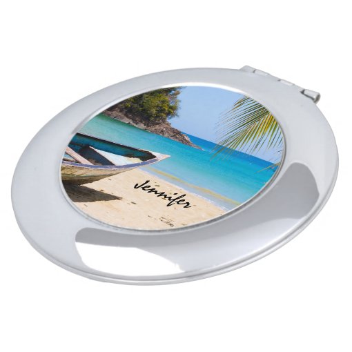 Beautiful Tropical Beach with a Rowboat Compact Mirror | Zazzle