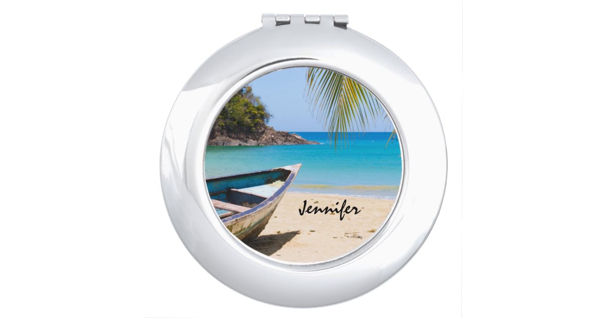 Beautiful Tropical Beach with a Rowboat Compact Mirror | Zazzle