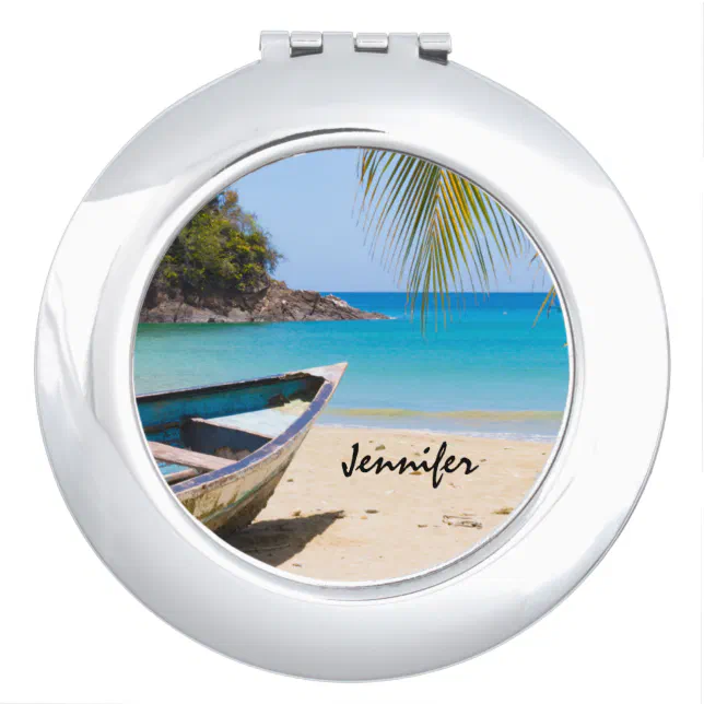 Beautiful Tropical Beach with a Rowboat Compact Mirror | Zazzle