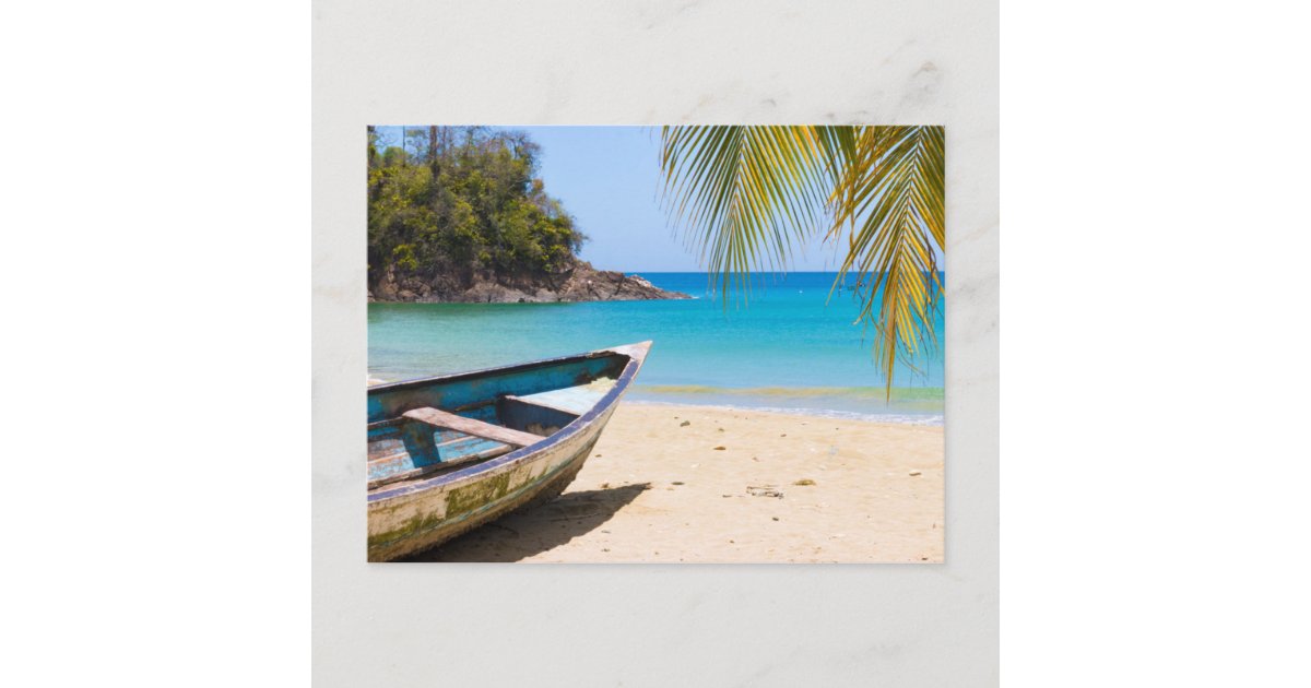 Beautiful Tropical Beach with a Rowboat Postcard | Zazzle