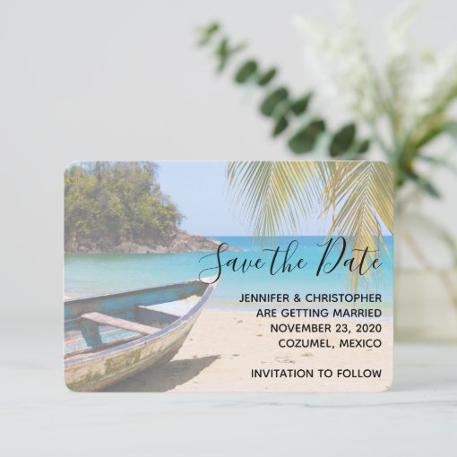 Beautiful Tropical Beach with a Rowboat Save The Date | Zazzle