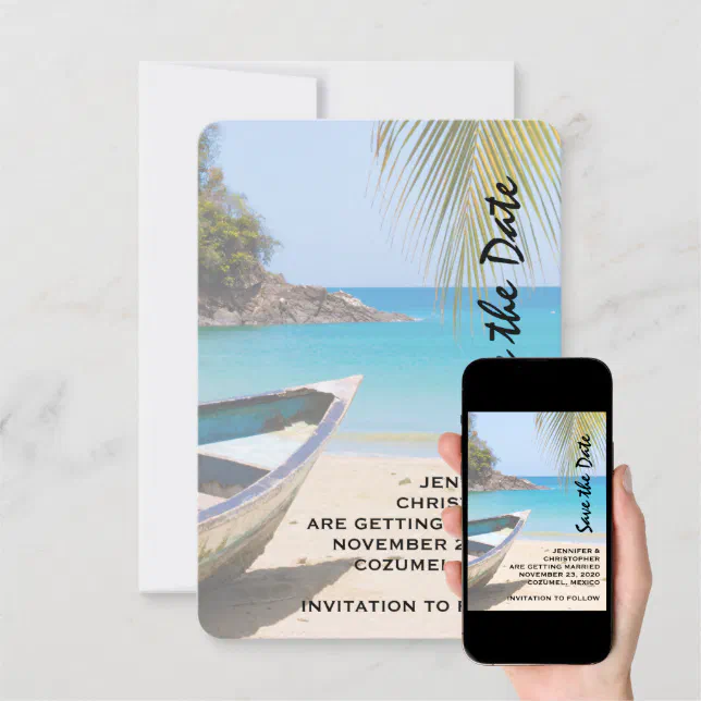 Beautiful Tropical Beach with a Rowboat Save The Date | Zazzle