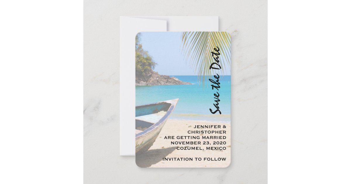 Beautiful Tropical Beach with a Rowboat Save The Date | Zazzle