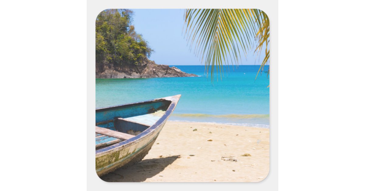 Beautiful Tropical Beach with a Rowboat Square Sticker | Zazzle