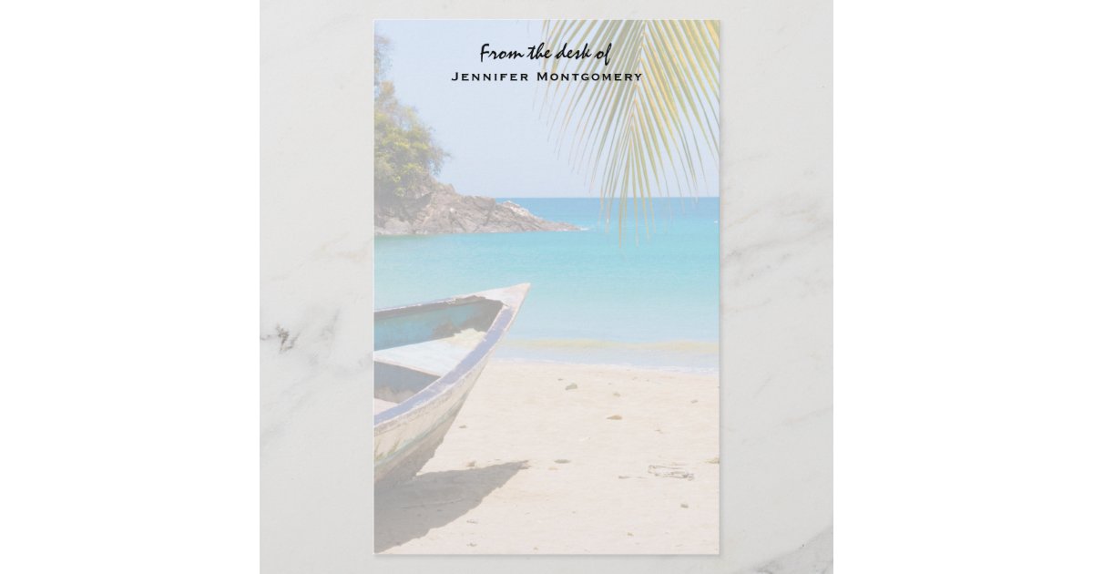 Beautiful Tropical Beach with a Rowboat Stationery | Zazzle