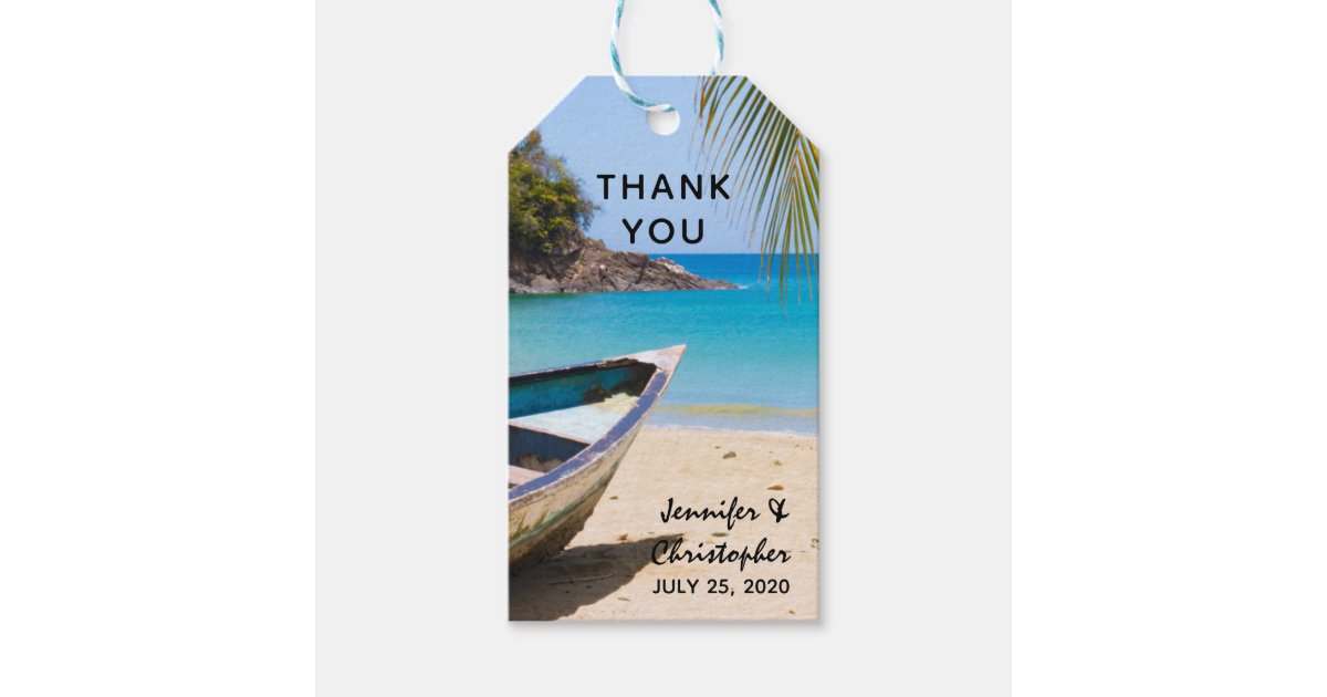 Beautiful Tropical Beach with a Rowboat Thank You Gift Tags | Zazzle