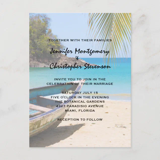 Beautiful Tropical Beach with a Rowboat Wedding Invitation Postcard ...