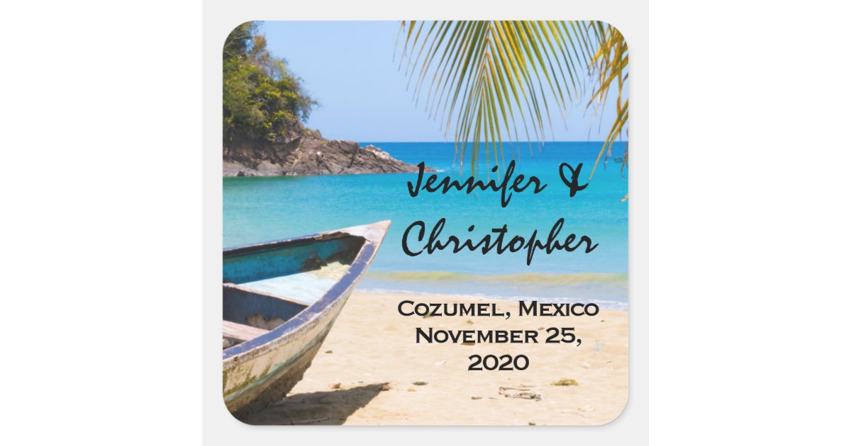 Beautiful Tropical Beach with a Rowboat Wedding Square Sticker | Zazzle