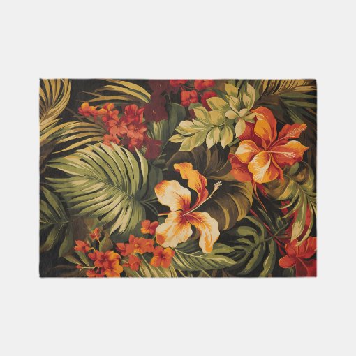 Beautiful Tropical Flower Hibiscus Palm Tree Leaf Rug | Zazzle