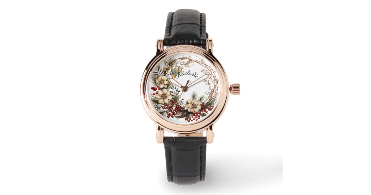 Beautiful Twig Wreath White Flowers Red Berries Watch | Zazzle