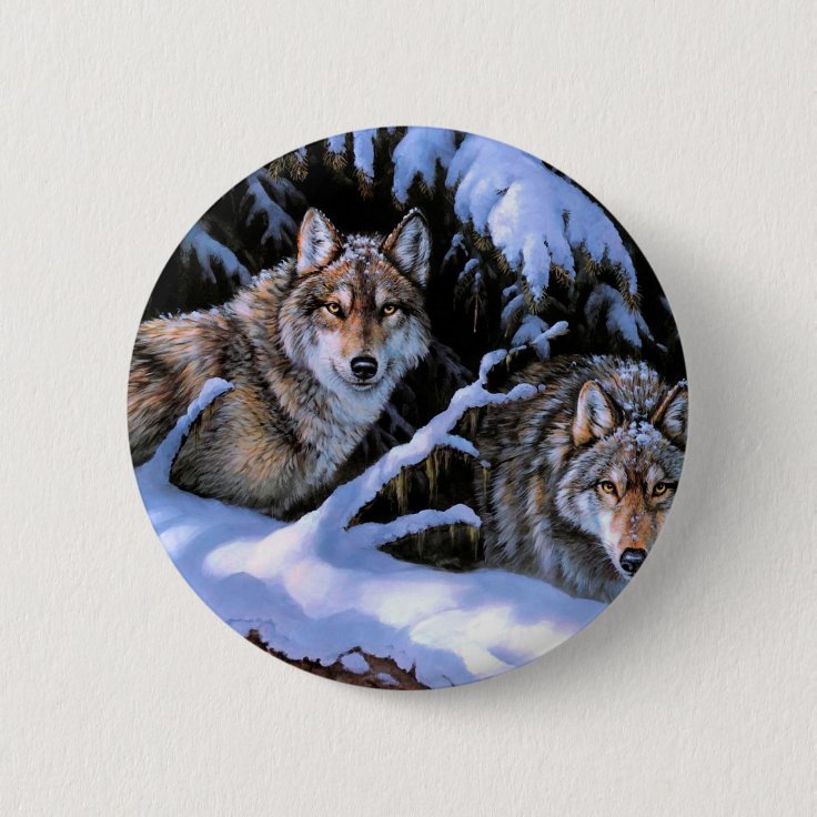 Beautiful Two Wolves Paintings Button | Zazzle