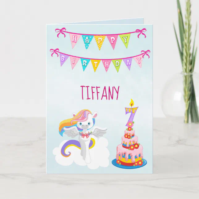 Beautiful Unicorn 7th Birthday Blue Card | Zazzle