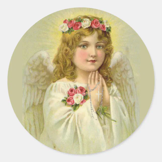 Beautiful Vintage Angel Praying Rosary Classic Round Sticker | Zazzle