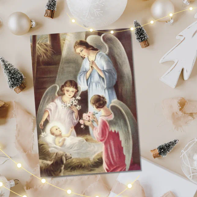 Beautiful Vintage Baby Jesus and Angels Christmas Holiday Card | Zazzle