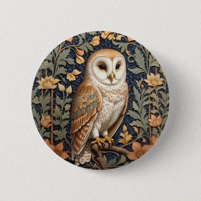 Beautiful Vintage Barn Owl William Morris Inspired Button | Zazzle
