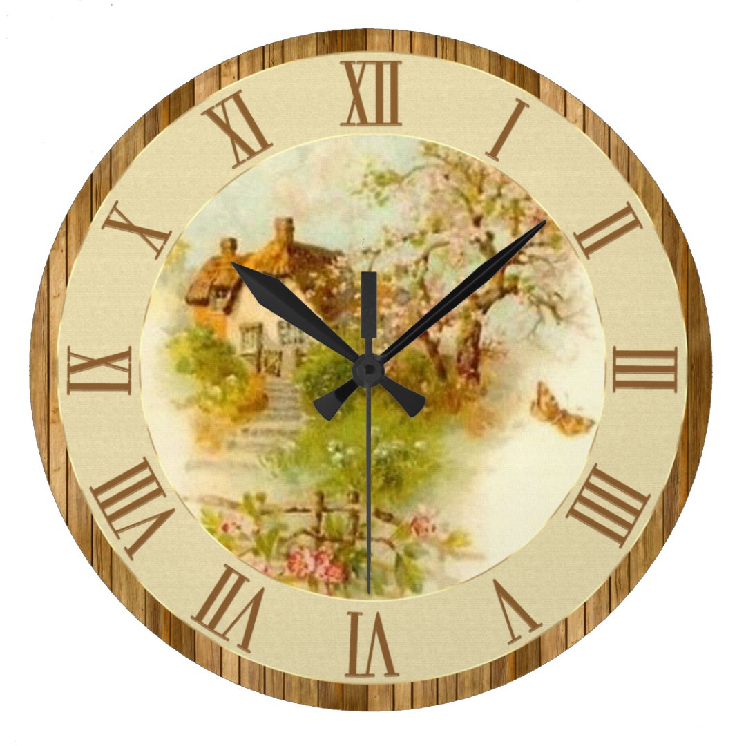 Beautiful Vintage Country Cottage Scene Wood Large Clock | Zazzle