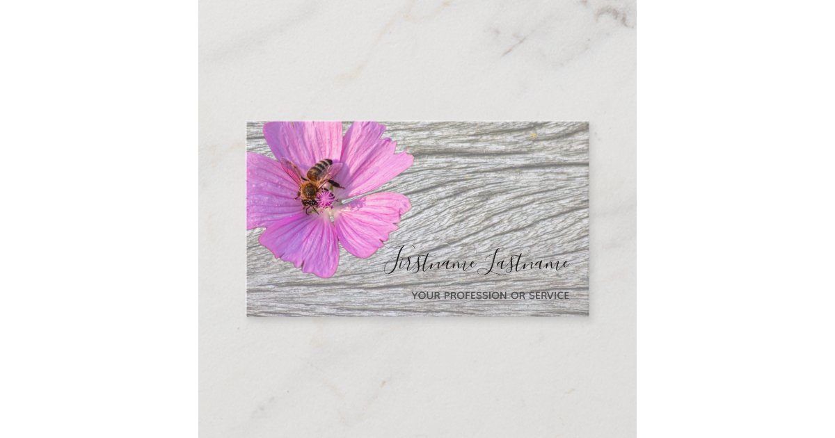 Beautiful violet pink flower blossom on wood business card | Zazzle
